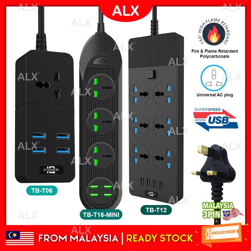 ALX Universal Power Socket Extension with USB Ports Power Strip Surge ...