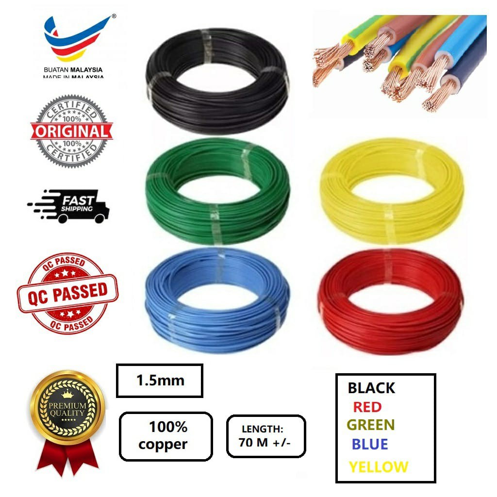 1.5mm Cable PVC Insulated Cable( 100% pure copper)BLACK,RED, YELLOW ,BLUE,GREEN made in malaysia ...