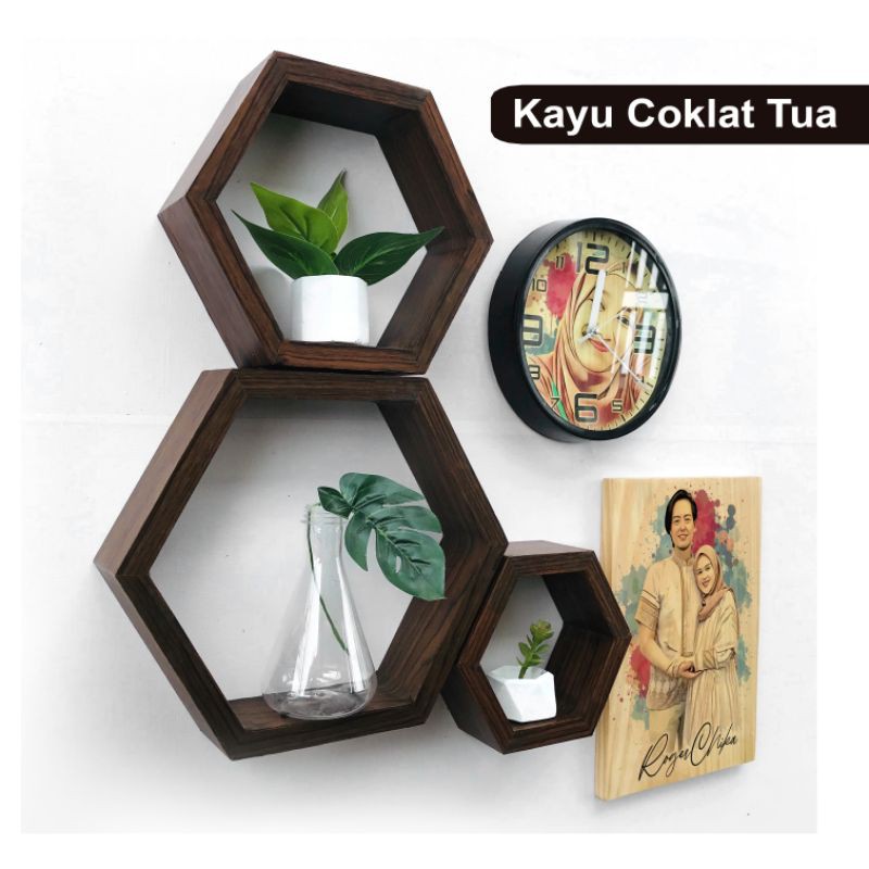 KAYU Minimalist Hexagon hexagonal Shelf Wooden Wall Shelf | Shopee Malaysia