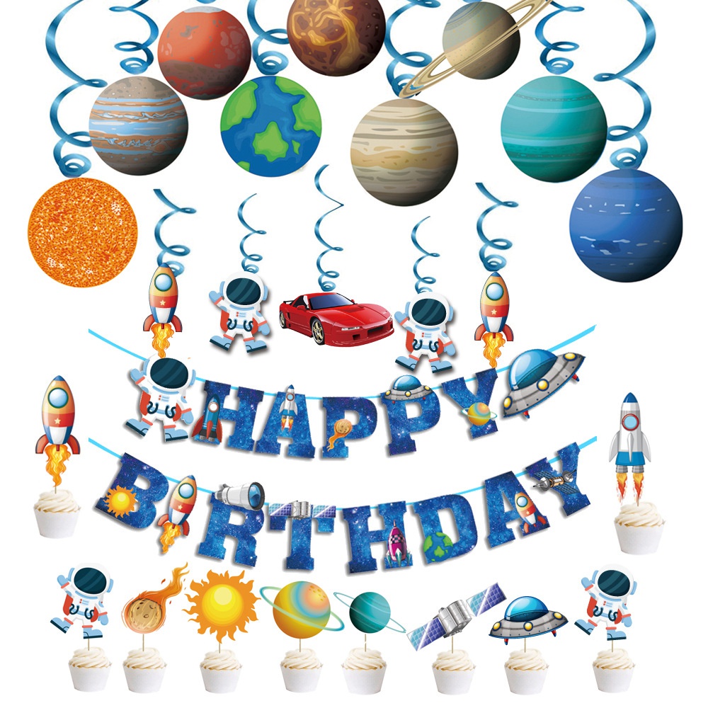 Astronaut Spaceship Theme Happy Birthday Garland Hanging Solar System ...