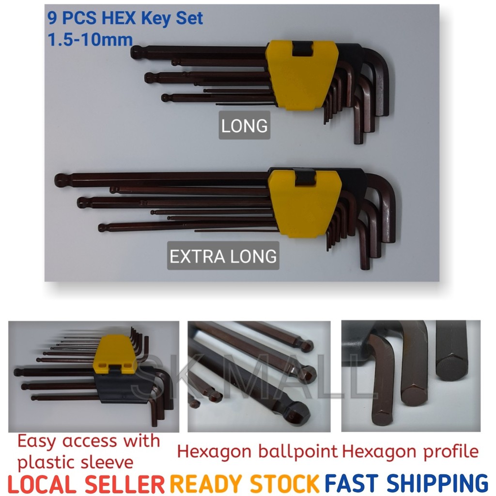 9 Pcs Hex Key Set Allen Key Ball Point Extra Long L-Key Wrench Metric ...