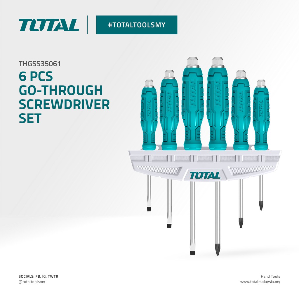 TOTAL Go-Through Screwdriver Set PH1/PH2/PH3/SL5.5/SL6.5/SL8.0/Cr-V Steel (6 Pcs) THGSS35061 ...