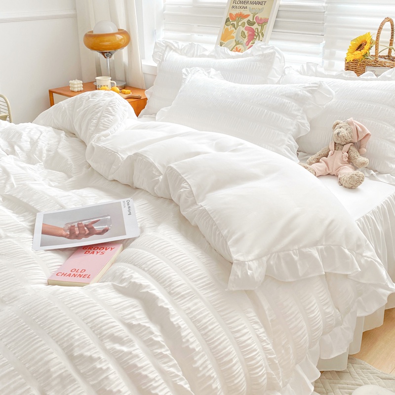 4 IN 1 Princess Style Bedding Set Seersucker Solid Style Quilt Flat ...