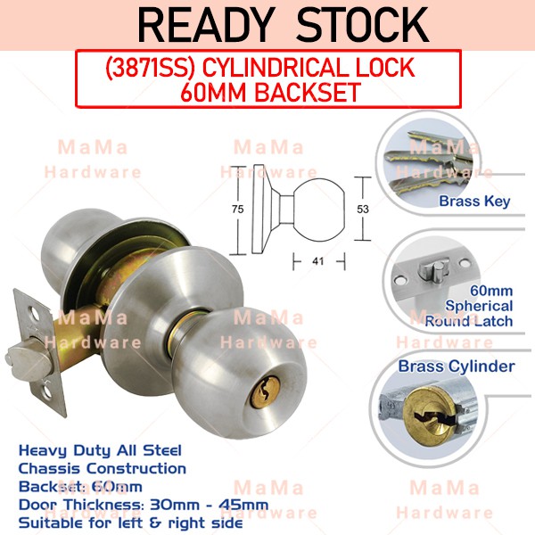Cylindrical Door Lock Set 60mm Backset (3871SS) PINTU LOCK TOMBOL PINTU ...