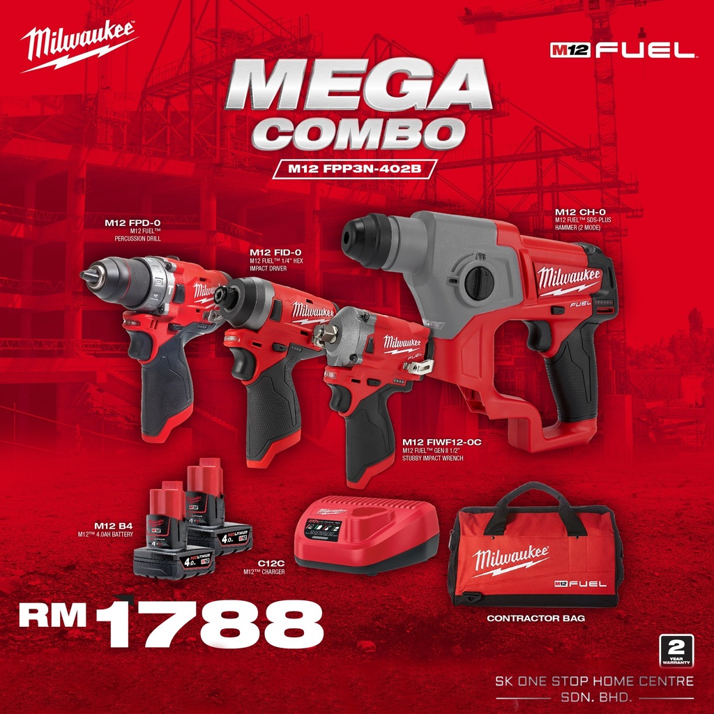 MILWAUKEE M12 FUEL Mega Combo Set M12 FPP3N-402B ( M12 FPD + M12 FID + M12 CH + M12 FIWF12 ...