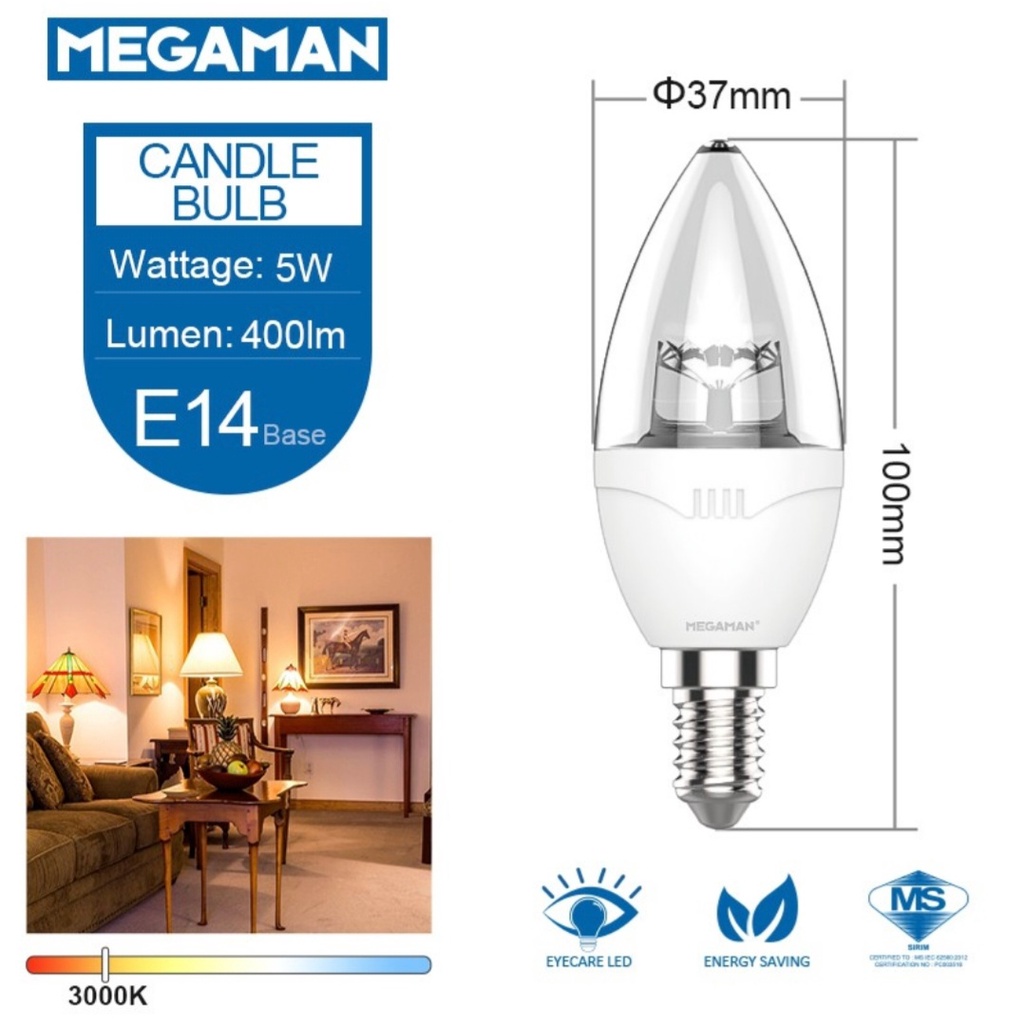 MEGAMAN LED 5W Candle Bulb E27/E14 (6500k-Daylight/3000k-Warmwhite) | Shopee Malaysia