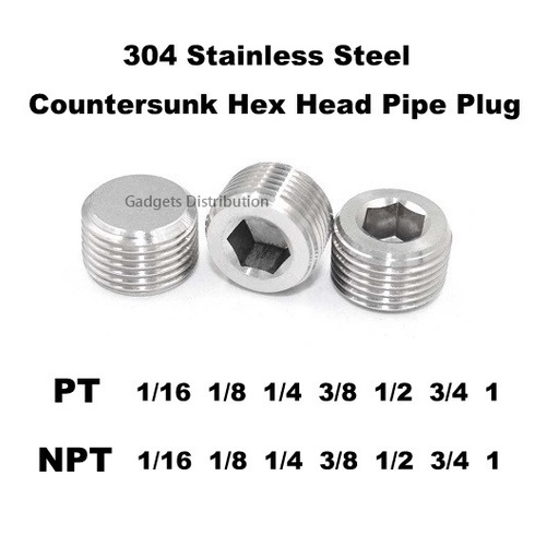 304 Stainless Steel Countersunk Hex Taper Conical Thread Head Pipe Plug Fitting PT NPT 1/16 1/8 ...