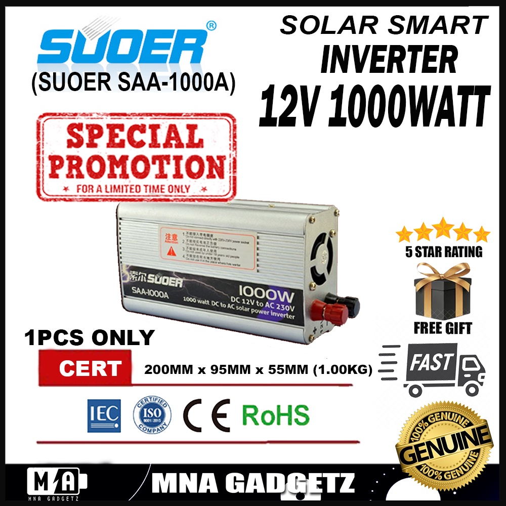 SUOER 12V 1000W Watt Solar Smart Inverter SAA1000A (READYSTOK) MNA ...