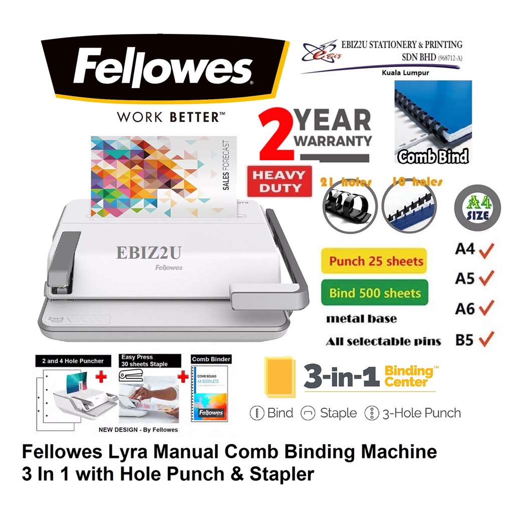 Fellowes Lyra Manual Comb Binding Machine 3 In 1 with Hole Punch ...
