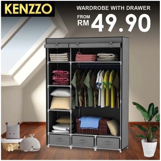 KENZZO: Curtain Wardrobe With Drawer Almari Baju Rak Baju Clothes ...
