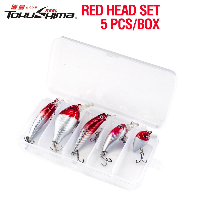 5PCS/BOX Red Head Set 3cm/4.5cm/5.9cm/5.6cm/5.5cm Umpan Mancing Sinking Minnow 5Color Casting ...