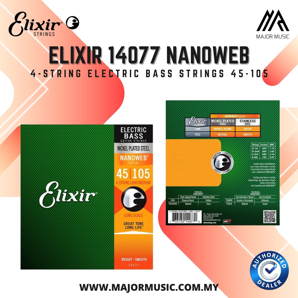 Elixir 14077 Nanoweb Medium Long Scale 4-String Electric Bass Strings 45-105 | Shopee Malaysia