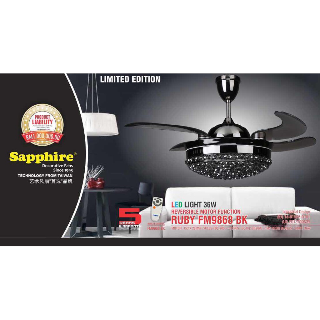 Sapphire Ruby 44" Retractable Ceiling Fan With Crystal LED Light FM9868 ...