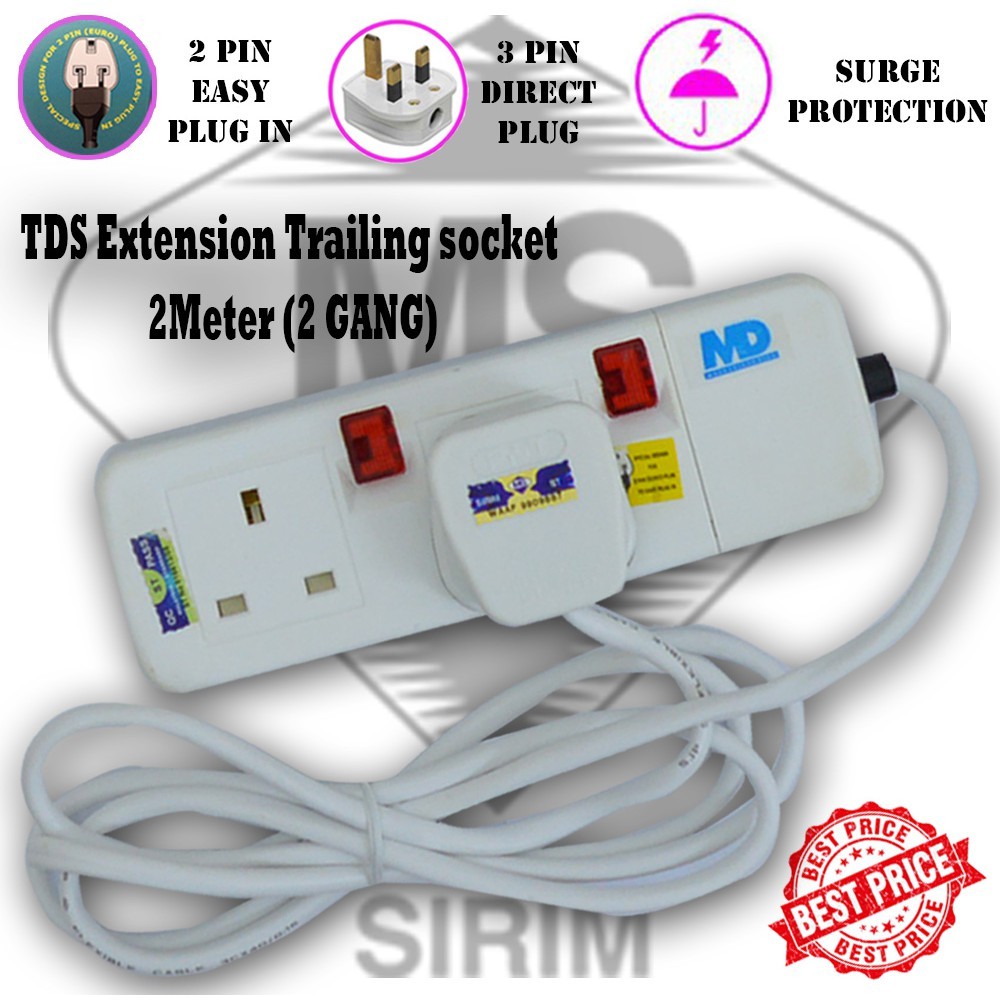 2meter Extension Trailing Socket/ Plug/ Adapter/ cord (2 gang) | Shopee ...