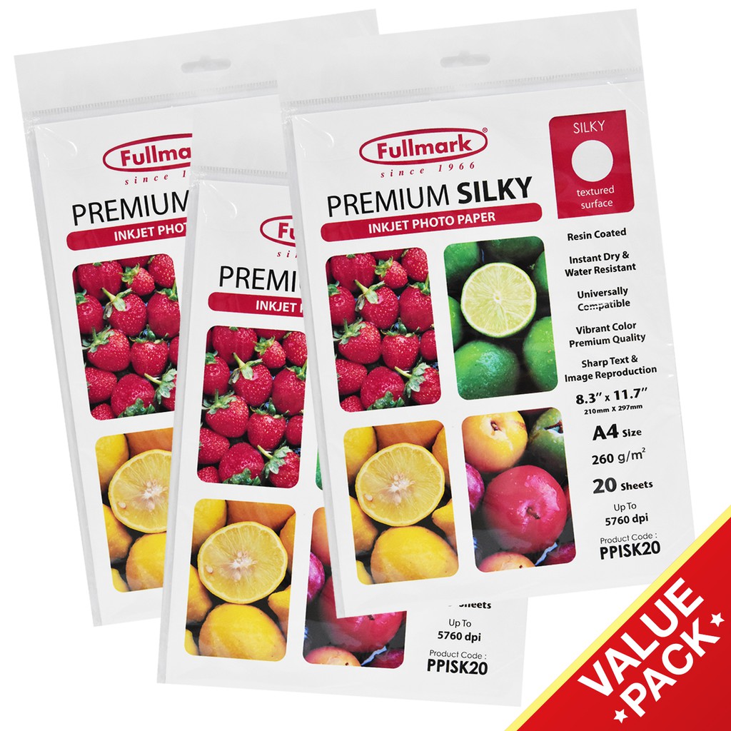 Fullmark A4 Photo Paper Premium Silky Inkjet 260gsm - 3 pack (PPISK20 ...