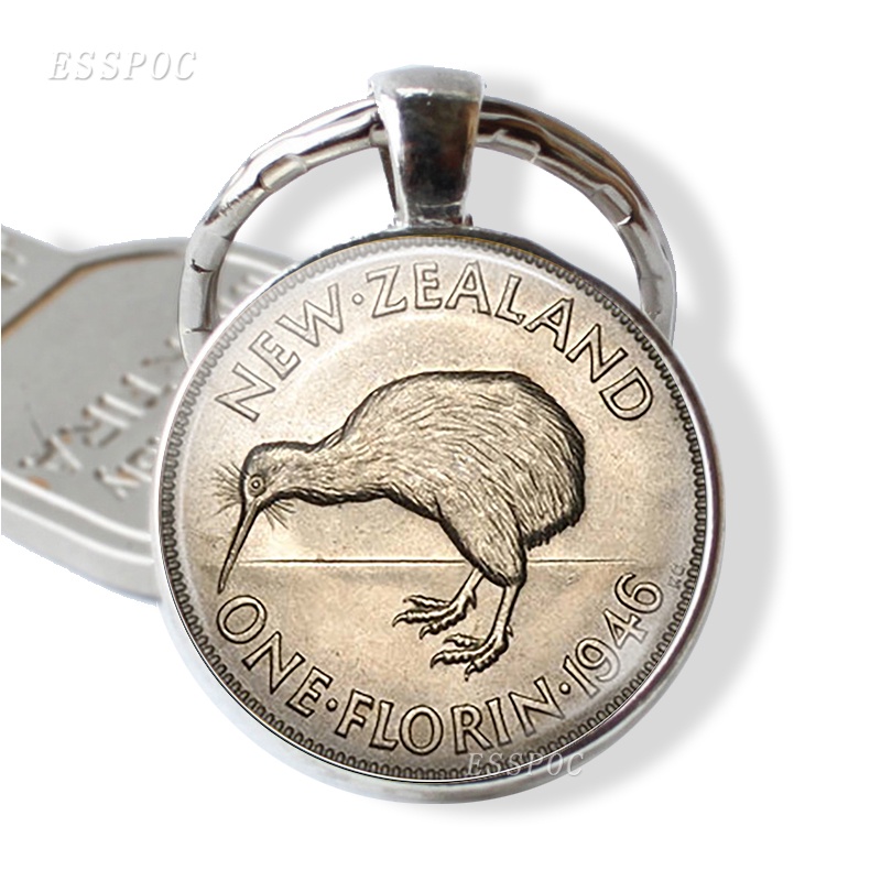 New Zealand Coin Image Key Chain,glass Literary Silver Plated Jewelry ...