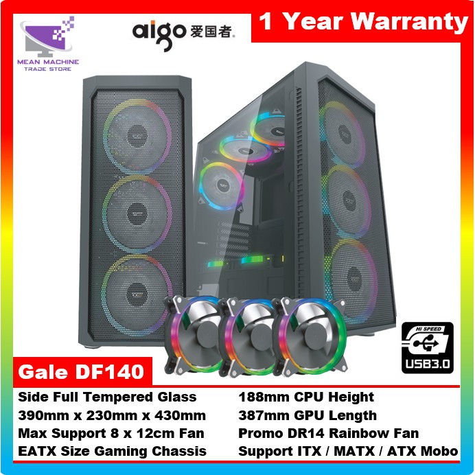Aigo DarkFlash Gale DF140 E-ATX Tempered Glass Mesh Front Panel Chassis ...