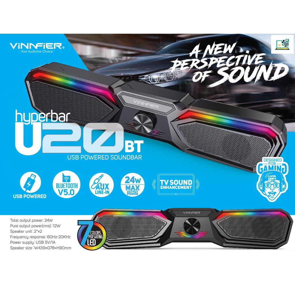 Hyperbar U20 BT USB Powered Soundbar with Design Gaming Bluetooth Aux ...