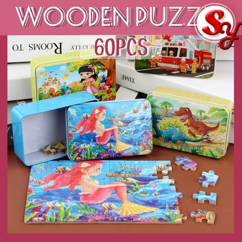 60pcs Wooden Cartoon Puzzle with Tin Kids Learning Jigsaw Puzzle Metal ...