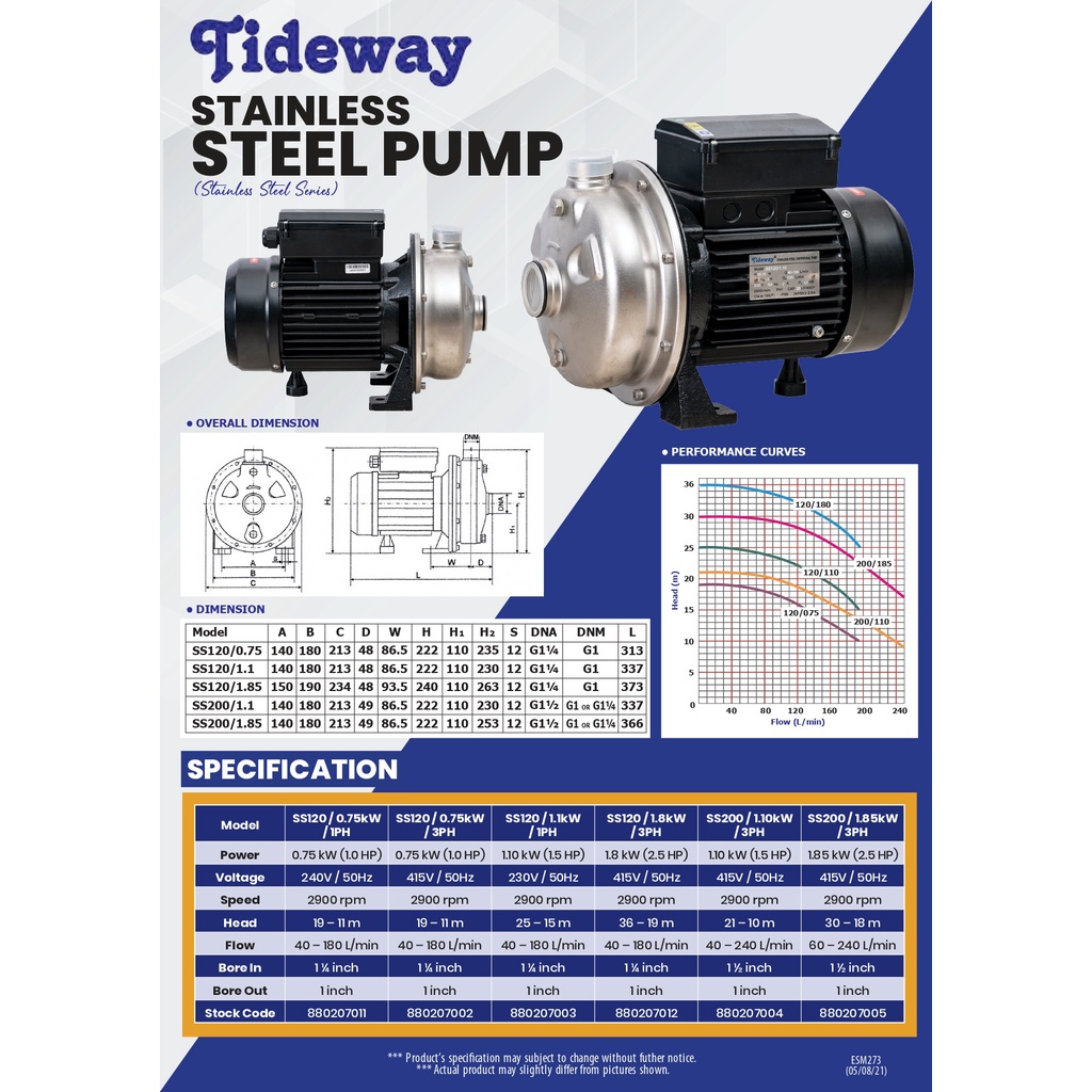 TIDEWAY Staineless Steel SS120 0.75kW (1phase ) Centrifugal Pump (1 1/4 ...