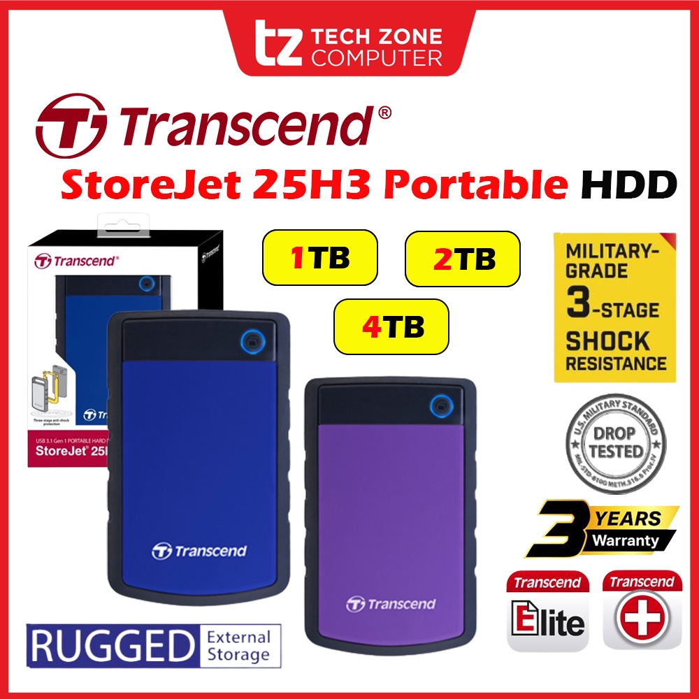 TRANSCEND 25H3 STOREJET ANTI SHOCK USB 3.1 EXT HDD (1TB/2TB/4TB) RUGGED ...