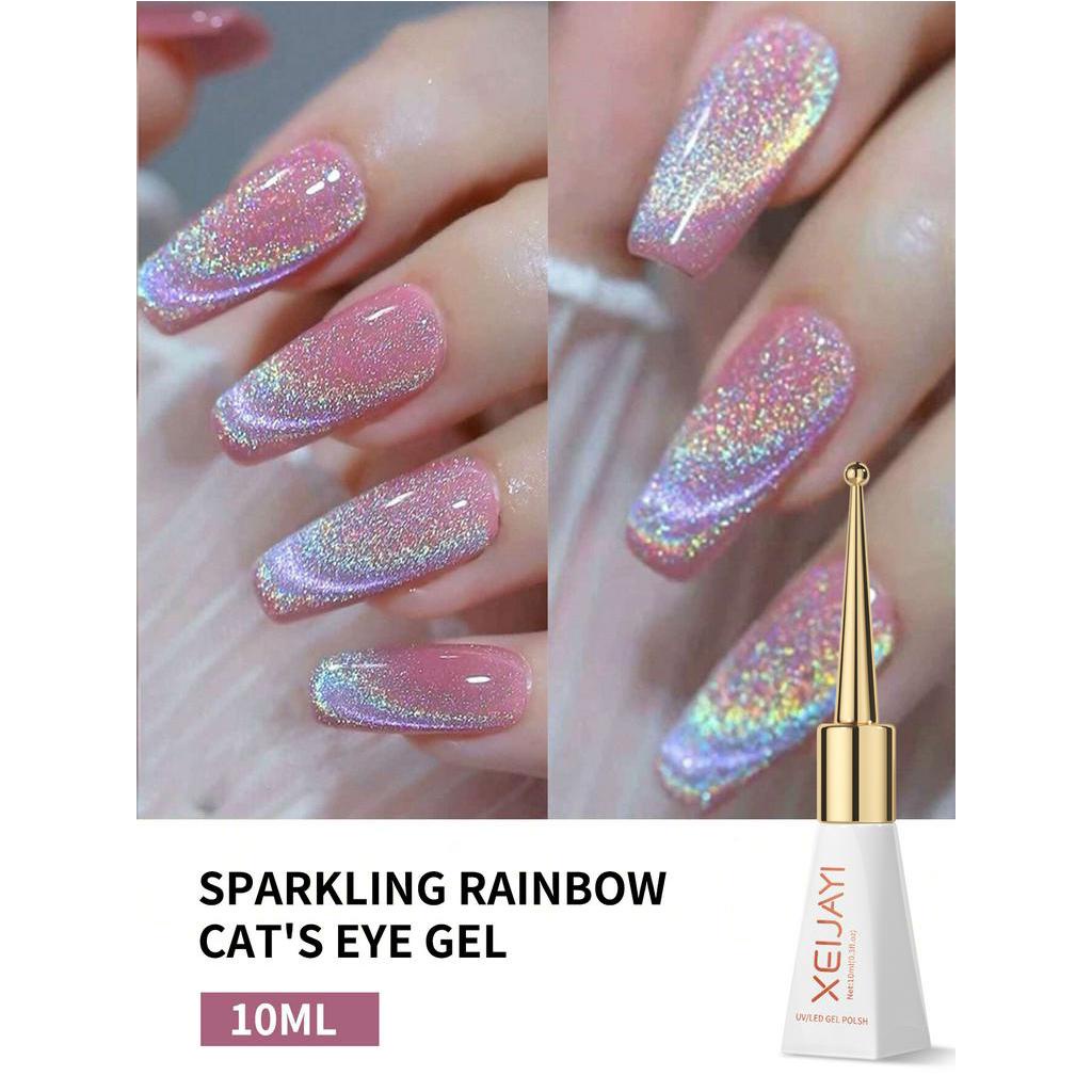 1Pc 10Ml Flashy Rainbow Cat Eye & Glass Bead Cat Eye Nail Polish Gel ...