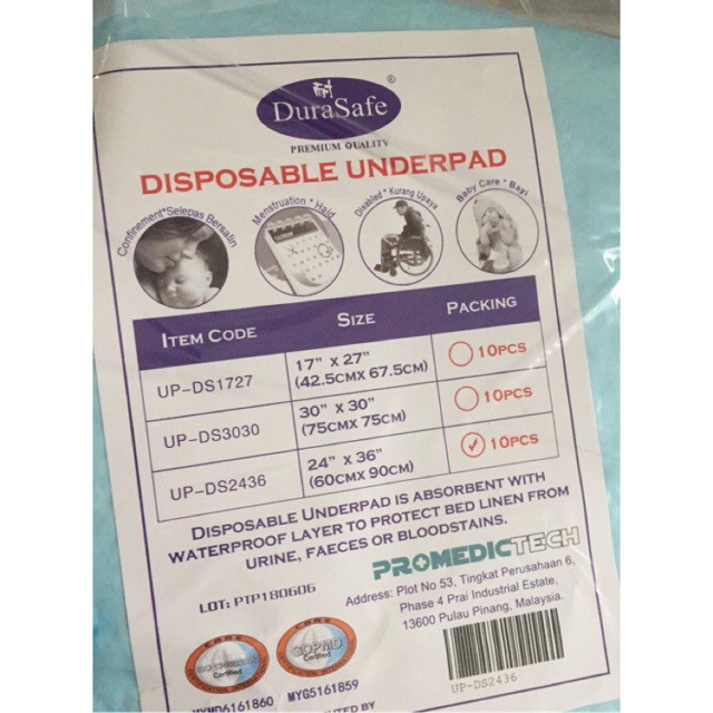 [Incopad:Absorbent Pad] Durasafe Underpad [ Size: (75cmx75cm)(60cmx90cm ...