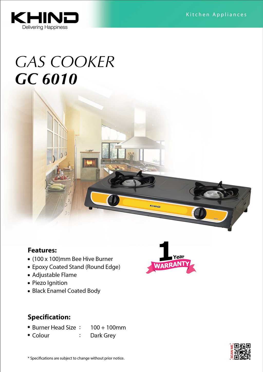 Khind GC6010 Free Standing Gas Cooker - Double Burner, Black Enamel ...
