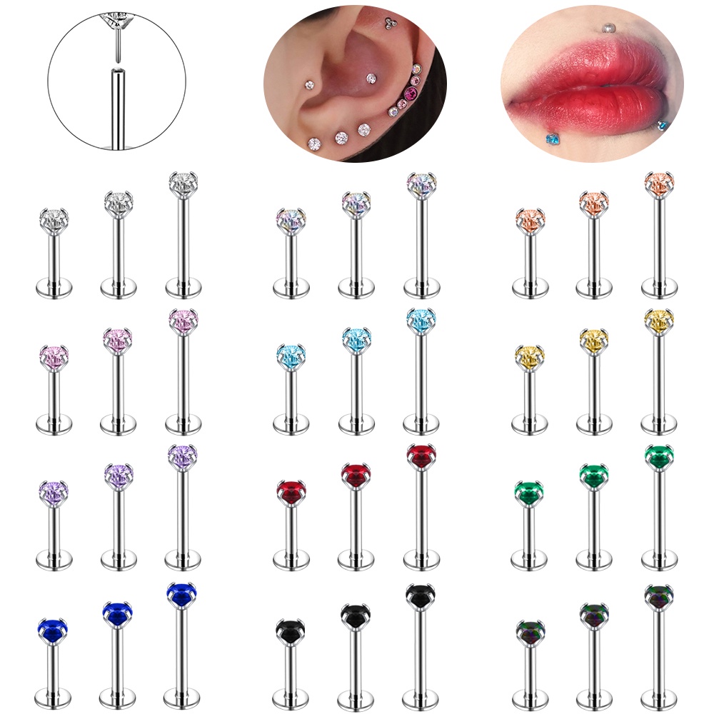 1 Pc Push In Style Color Crystal Labret Lip Piercing Stainless Steel ...