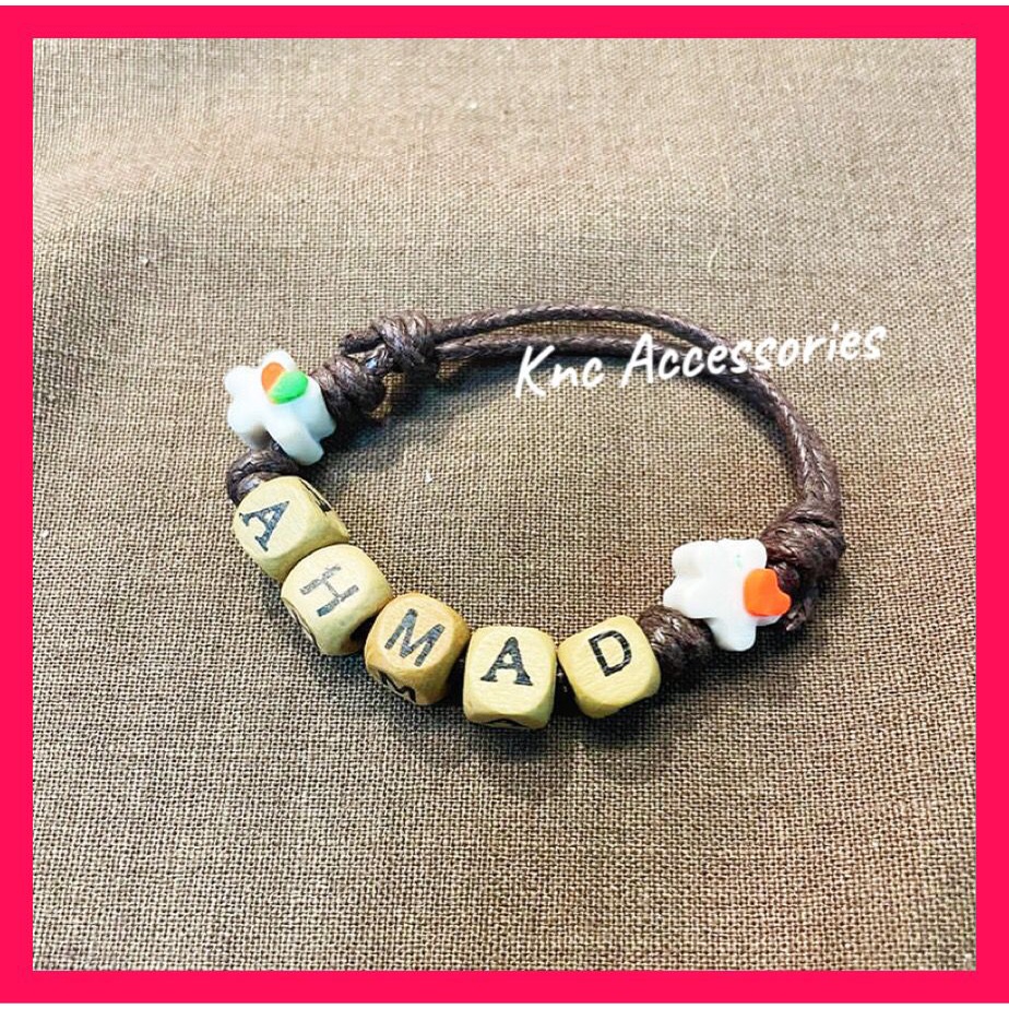 Gelang Tangan Nama DIY / Custom Made Huruf Kayu ( 5 Huruf + 2 Corak ...