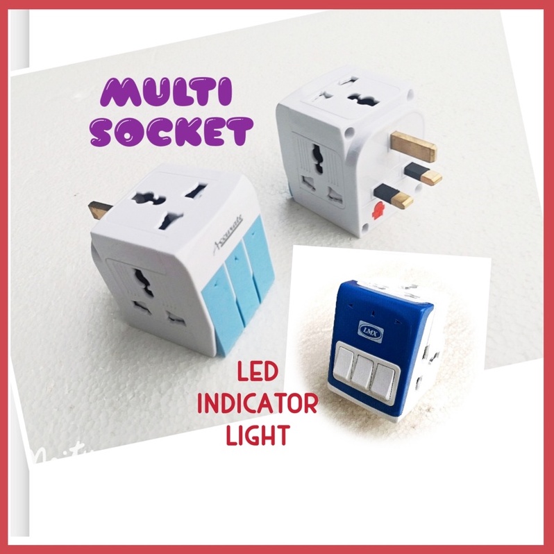 3 Way Universal Adaptor Multi Socket With 3 Switch Neon Indicator 13 ...
