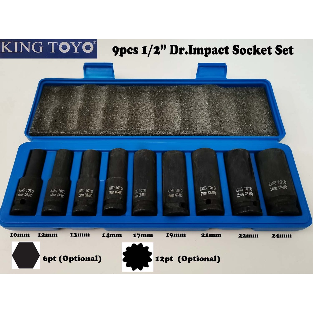 KING TOYO KT-44809K-12PT 9 Piece 1/2" 12Point Metric Deep Impact Socket Set (10-24mm) ID34430 ...
