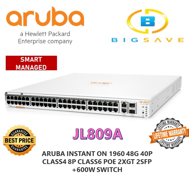 ARUBA JL809A INSTANT ON 1960 48G 40P CLASS4 8P CLASS6 POE 2XGT 2SFP ...