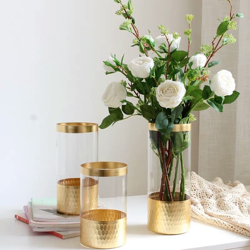 Pasu kaca lurus berlapis emas telus gaya Eropah, gubahan bunga kering ...