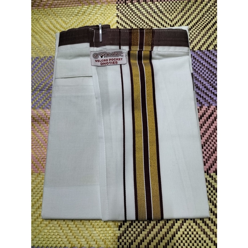 Velcro Cotton Vesthi Dhoti With Gold Border with pocket - Adjustable ...