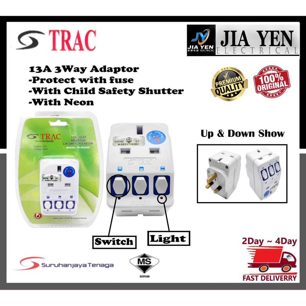 [Sirim] 13A 3 Way Adaptor Extension LED Switch Neon Adapter 3 Gang Pin ...