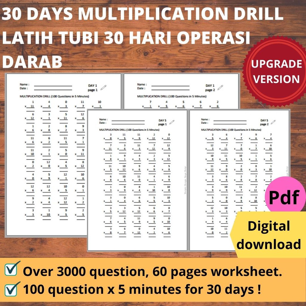 Printable Math Workbook Buku Matematik Latih Tubi 30 hari Operasi Darab ...
