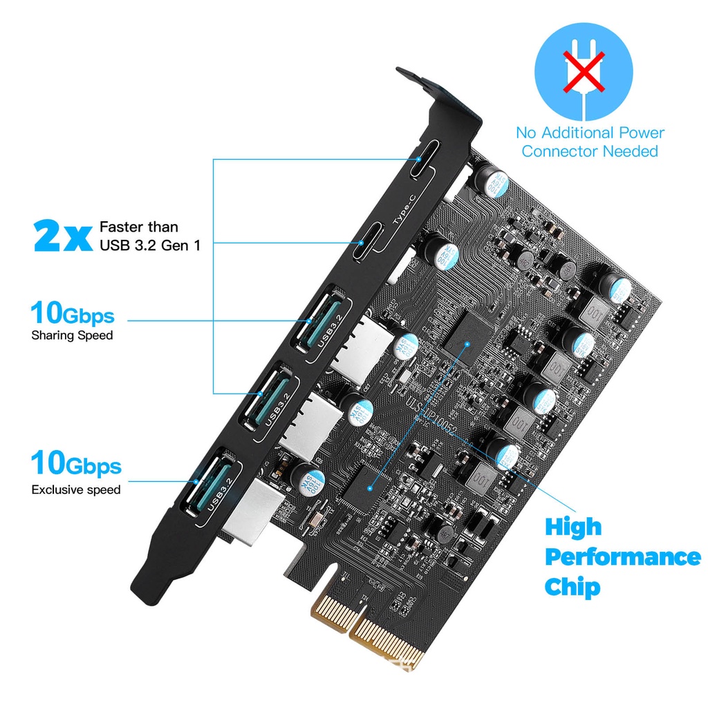 PCIe to USB 3.2 Gen 2 Adapter Card with 20 Gbps Bandwidth 5-Port (2X USB C -3X USB A) PCI ...