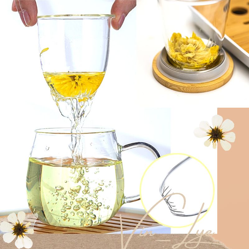 Glass Flower Tea cup with wood cover & handle big mug & inner Filter ...