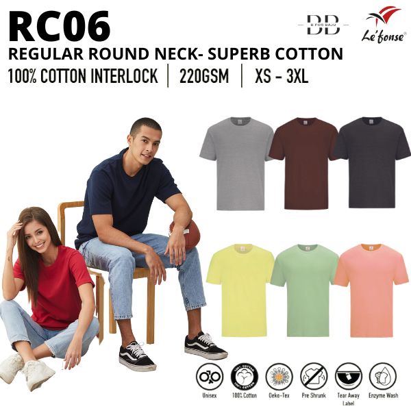 LEFONSE Unisex 100% Cotton Interlock 220GSM Short Sleeve Regular Round ...