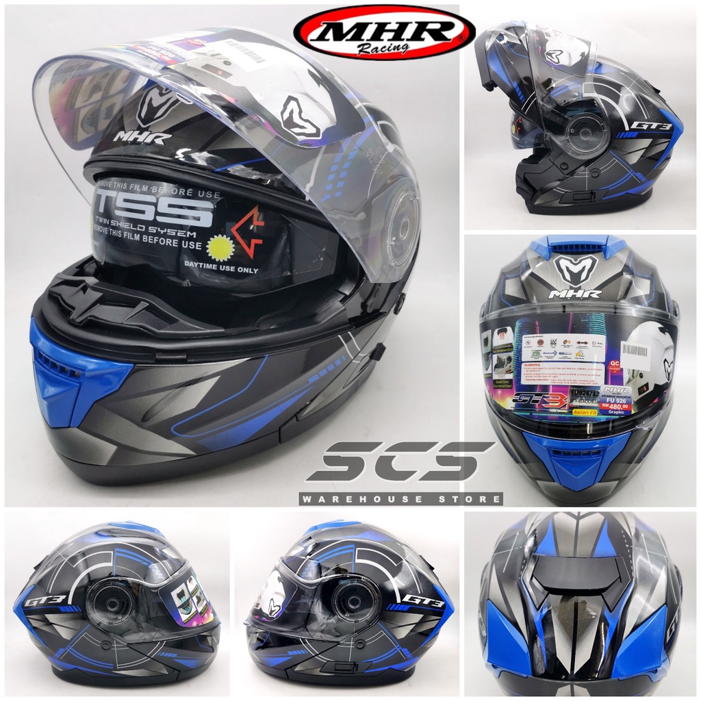 MHR Racing Full Face Helmet Flip Up Double Visor FU926 Black Blue R15 ...