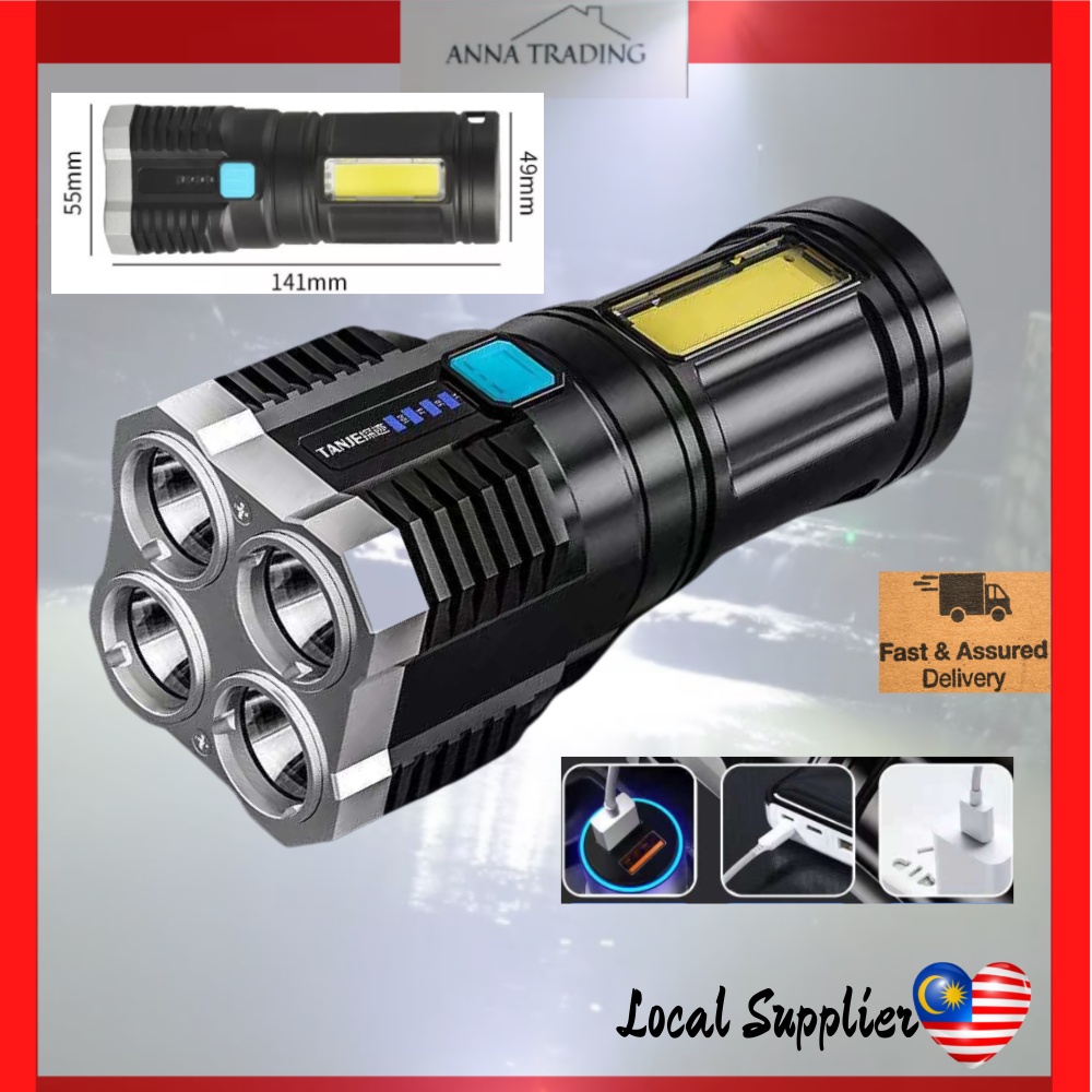 4 Modes Portable Torch Light Rechargeable COB LED Flashlight LED Torch ...