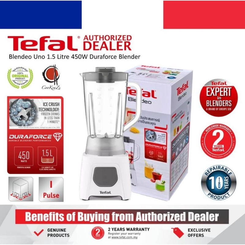 TEFAL BLENDEO UNO 1.5 LITRES 450W DURAFORCE BLENDER BL2B01 ICE CRUSH BLENDING SMOOTHIE PULSE ...
