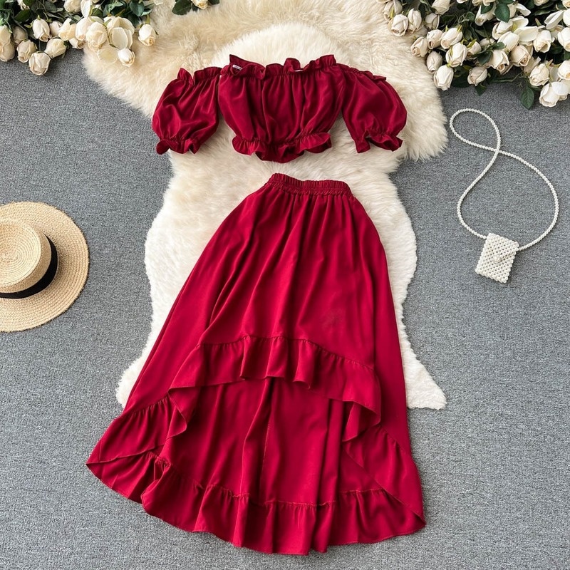 New Women Two Piece Set Sexy Off The Shoulder One Neck Short Crop Top
