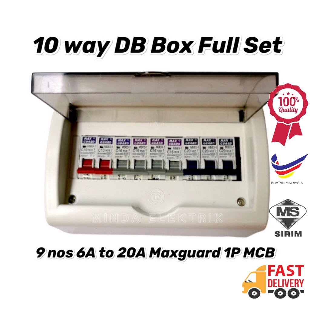 DB Box 10 way (Full Set) Maxguard 1P MCB 10A -20A Distribution board ...