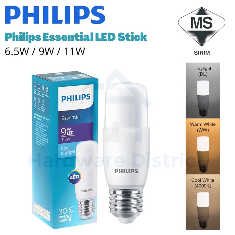 PHILIPS ESSENTIAL LED STICK E27 6.5W/9W/11W | 6500K DAYLIGHT / 4000K COOL WHITE / 3000K WARM ...