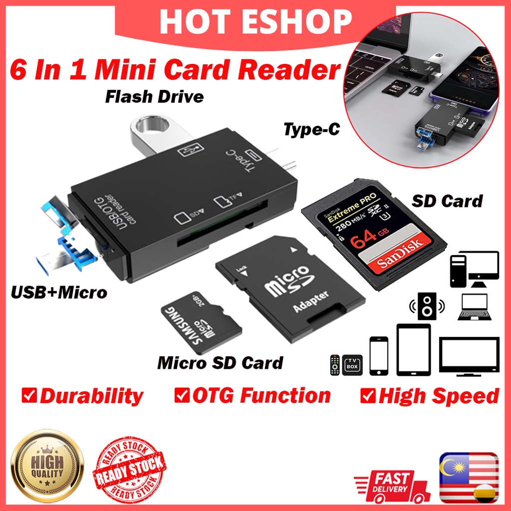 6 In 1 Mini Card Reader Micro USB Type-C Plug OTG Adapter Support TF SD ...