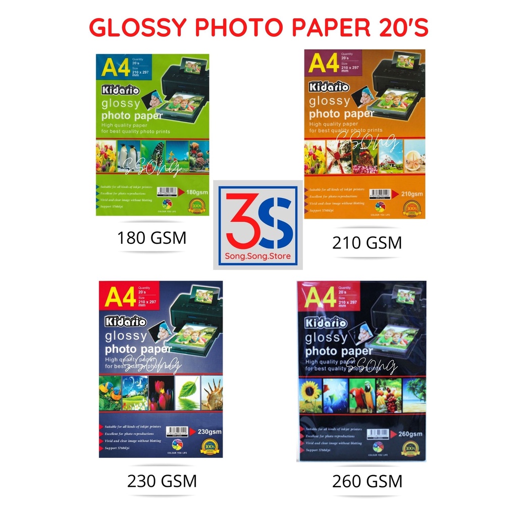 [ KIDARIO ] A4 GLOSSY PHOTO PAPER 20 SHEETS ( 180GSM / 210GSM / 230GSM / 260GSM ) / KERTAS ...