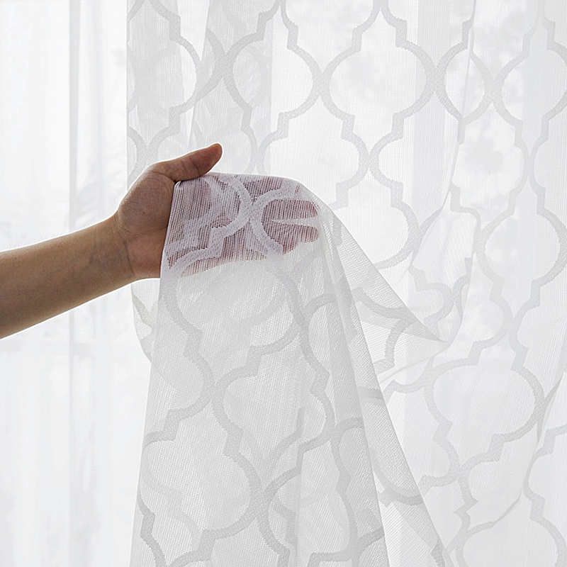 White Lattice Tile Sheer Curtains for Bedroom Geometric Moroccan ...