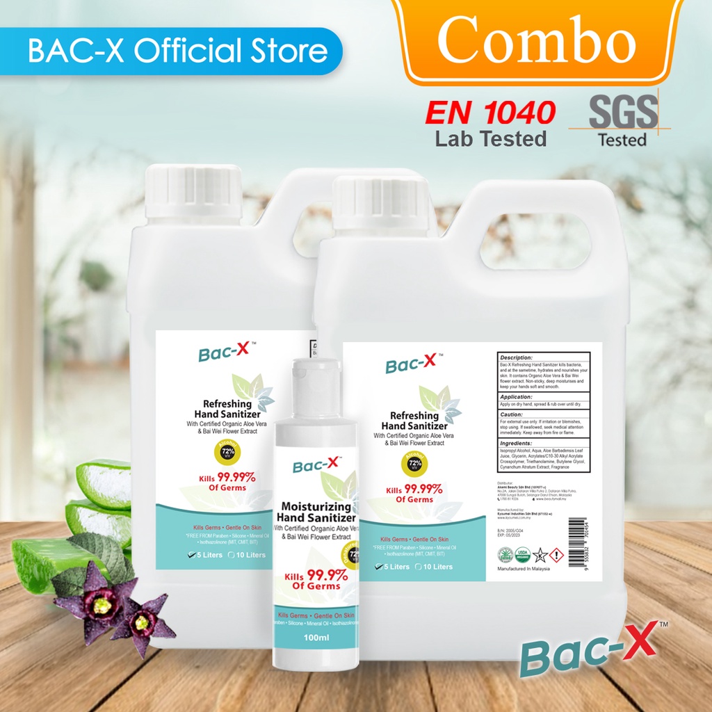 [SANITIZER] Bac-X Refreshing Hand Sanitizer 5 Liters X2 & Moisturizing Hand Sanitizer 100ml ...